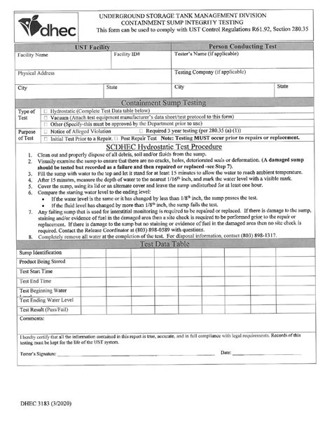DHEC Form 3183 Download Printable PDF Or Fill Online Containment Sump Integrity Testing South