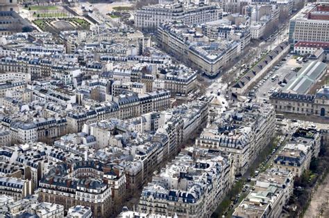 Ariel View Of The City Streets Around The Eiffel Tower Paris France