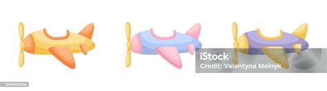 흰색 배경에 고립 된 귀여운 만화 아기의 비행기의 컬렉션 어린이 방 의류 의류 앨범 카드 초대의 디자인을위한 다른 색상의 비행기 세트 플랫 벡터 그림입니다 0명에 대한 스톡