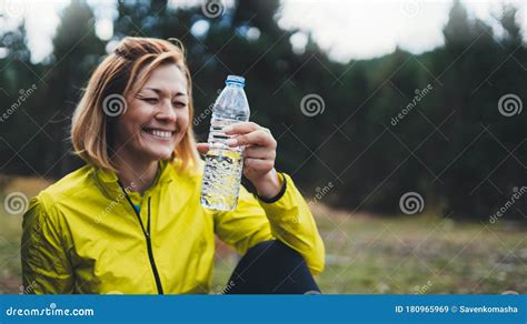Happy Sport Girl Laughing Quenches Thirst After Fitness Smile Person