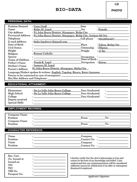 Employee Bio Data Form Template Pdf