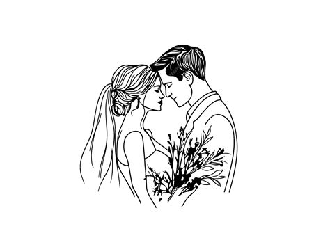 A Black And White Drawing Of A Couple Kissing In A Field Premium Ai