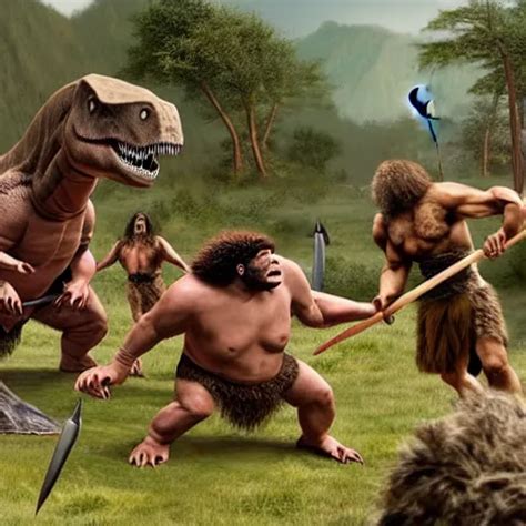 A Large Dinosaur Fighting With Several Realistic Stable Diffusion