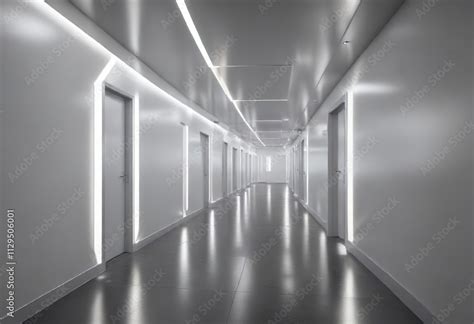 High Tech White Light Corridor In A Metallic Setting Chrome Surface Corridor Design Sci Fi