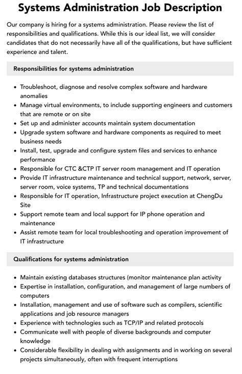 Systems Administration Job Description Velvet Jobs