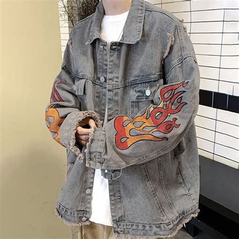 Flame Embroidered Denim Jacket Helloice Jewelry