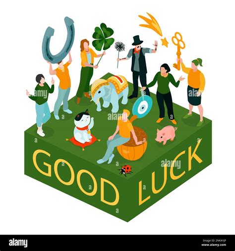 Isometric Good Luck Symbols Composition With Isolated View Of Square Platform With Lucky People