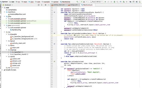 Java Kotlinでプルダウンspinnerを2つ作成し、2つ目のプルダウン表示を1つ目の選択によって変更するプログラムのエラー