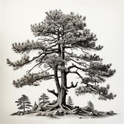 árbol De Pino En Una Montañailustración De Un árbol Pintura Tradicional