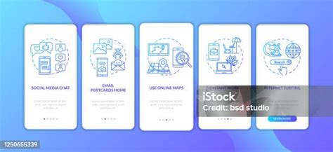 소셜 미디어 채팅 및 개념으로 모바일 앱 페이지 화면에 보딩 작업 인터넷 서비스는 5 단계 그래픽 지침을 통해 연습 Rgb 색상