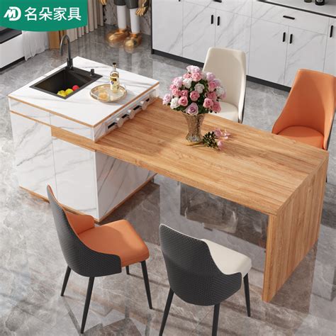 轻奢岩板中岛台餐桌一体厨房可伸缩现代家用多功能茶桌吧台5E6 虎窝淘