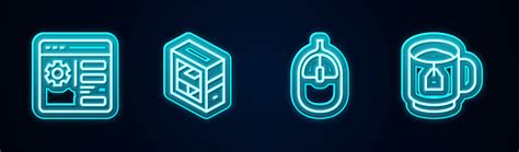 라인 브라우저 설정 컴퓨터 마우스 및 티백과 함께 차 한잔을 설정합니다 빛나는 네온 아이콘입니다 벡터 개발에 대한 스톡 벡터 아트 및 기타 이미지 Istock