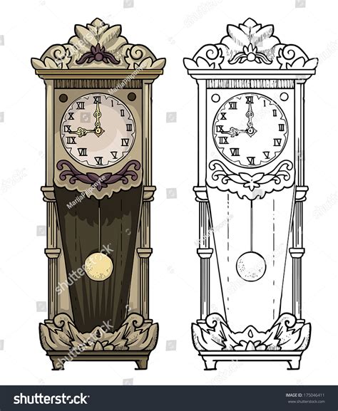 Old Clock Drawing Colored Outline Vector Stock Vector Royalty Free