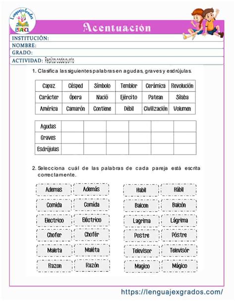 Acentuación Clasificación De Palabras Para Niños Con Ejercicios