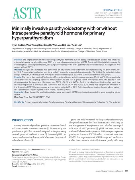 Pdf Minimally Invasive Parathyroidectomy With Or Without Intraoperative Parathyroid Hormone