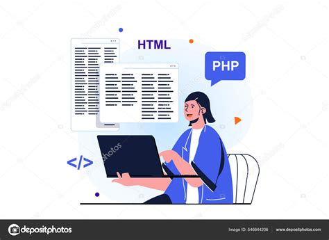 Women Working Modern Flat Concept For Web Banner Design Woman Works As Programmer Develops