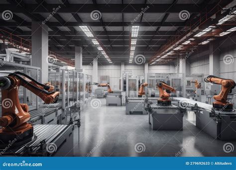 Industrial Warehouse With Robots Working In Unison To Sort And Pack Products Stock Image