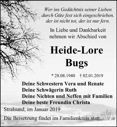 Traueranzeigen Von Heide Lore Bugs Trauer Anzeigen De