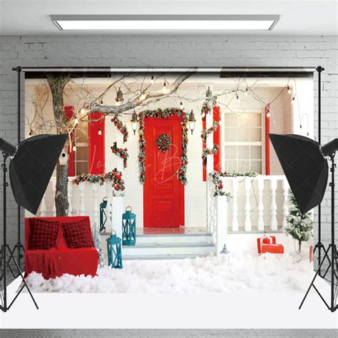 Lofaris Wreath Red Door Trees Sofa Warm Christams Backdrop Lofaris