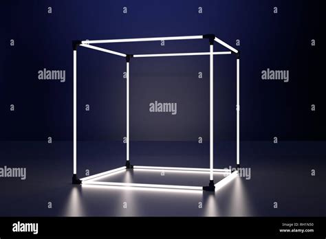 Neon Glowing Cube In Interior Room Empty Showcase Display D