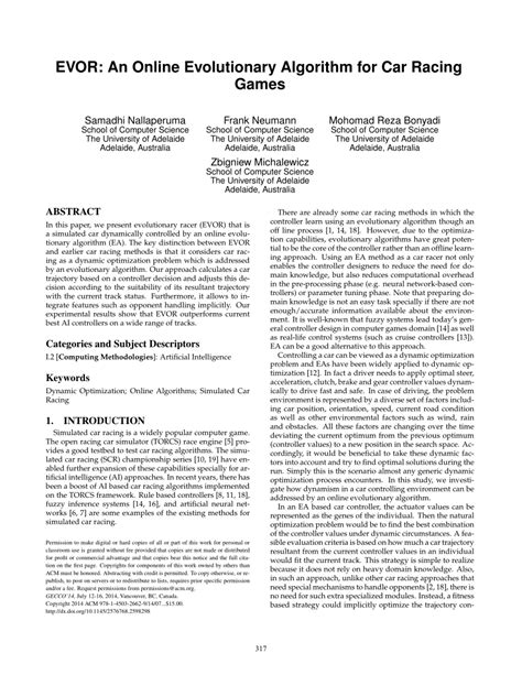 Pdf Evor An Online Evolutionary Algorithm For Car Racing Games