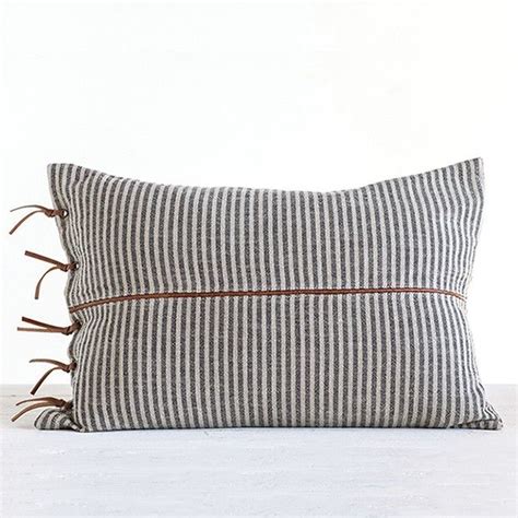 Striped Lumbar Pillow With Leather Trim Pillows Throw Pillows