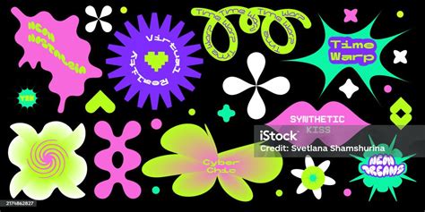 왜곡된 기하학적 모양과 Y2k 따옴표로 설정된 타이포그래피 스티커 타이포그래피와 네온 유체 요소로 요소를 디자인하세요 그루비와 브루탈리즘의 스타일을 재해석합니다 벡터