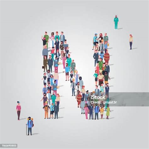 큰 사람들 군중 수집 모양 문자 N 다른 직업 직원 그룹 함께 영어 알파벳 개념 전체 길이 서 개념에 대한 스톡 벡터 아트 및 기타 이미지 Istock