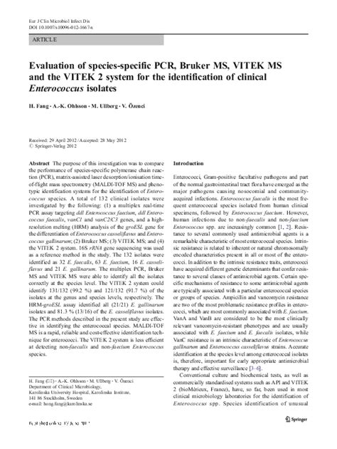 Pdf Evaluation Of Species Specific Pcr Bruker Ms Vitek Ms And The Vitek 2 System For The