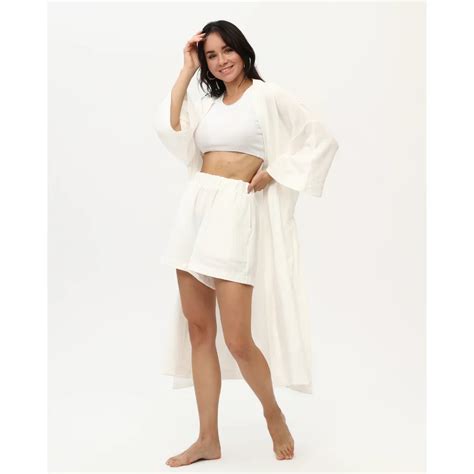 Pinuts Kırık Beyaz Pamuk Uzun Geniş Kalıp Unisex Kimono Şort Takım