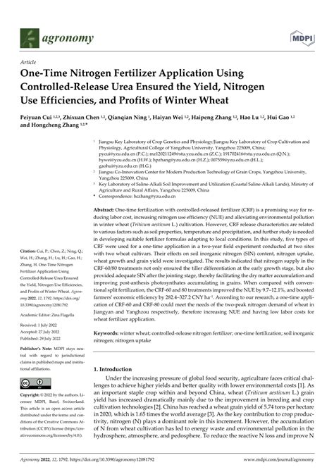 Pdf One Time Nitrogen Fertilizer Application Using Controlled Release
