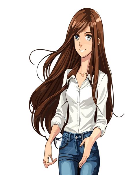 Premium Vector Beautiful Woman Full Body Cartoon Style Long Brown