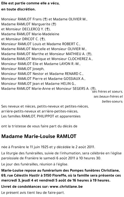 Avis De Décès De Marie Louise Ramlot Décédé Le 02082011 à Franière