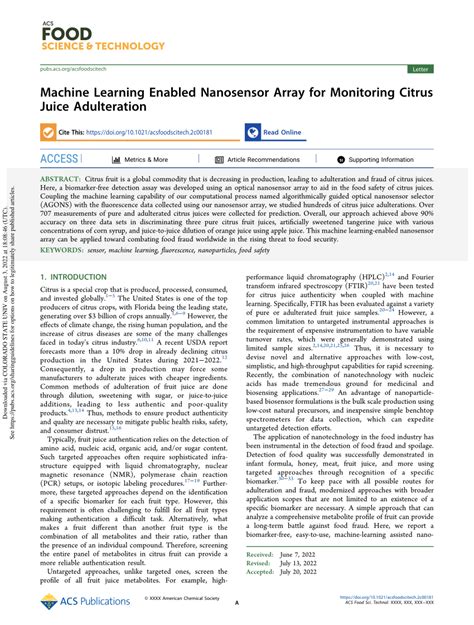 Pdf Machine Learning Enabled Nanosensor Array For Monitoring Citrus