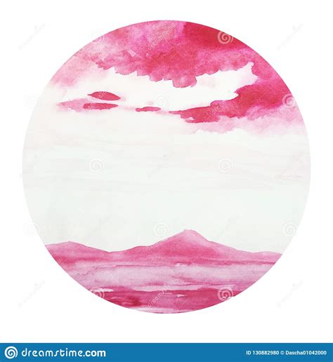 Pink Watercolor Illustration Montain Sea And Clounds Circle Round Stock