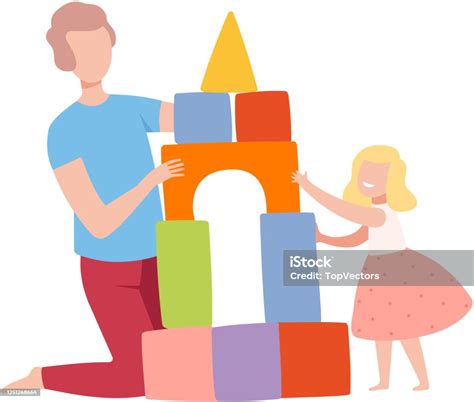 아버지 재생 장난감 큐브 와 그의 딸 부모와 아이 함께 시간을 보내고 함께 홈 플랫 스타일 벡터 일러스트 가족에 대한 스톡 벡터