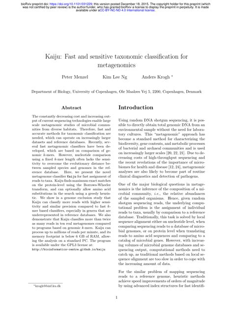 Pdf Kaiju Fast And Sensitive Taxonomic Classification For Metagenomics