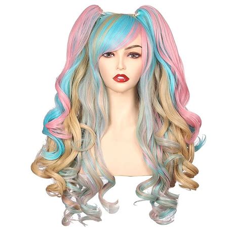 Color Ground Long Curly Cosplay Wig With 2 Ponytails Carnival Wigs 2025