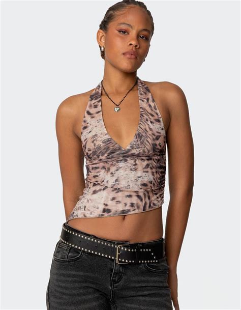Edikted Leopard Mesh Asymmetric Halter Top Orange M Tillys