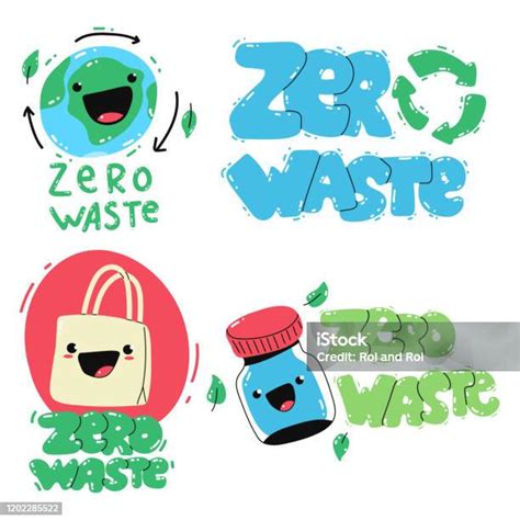 흰색 배경에 격리 된 제로 폐기물 귀여운 만화 스티커 벡터 세트 0에 대한 스톡 벡터 아트 및 기타 이미지 0 0명 가방
