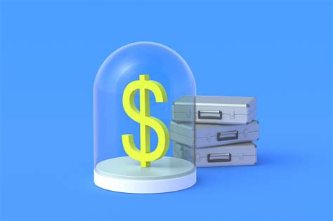 투자 보호 개념 돈 저장 새로운 지폐 디자인의 프리젠 테이션 상품의 배달 예금 보험 재정 지원 유리 돔의 달러 기호 3d 렌더