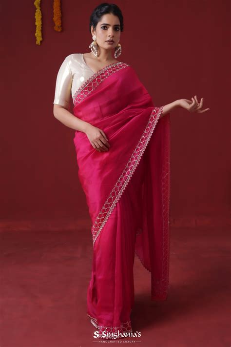 Rubine Red Handcrafted Satin Saree With Floral Butti Singhanias