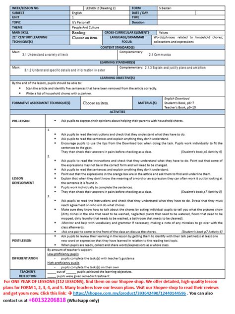 Latest Form 5 Lesson Plan Cefrkssm English Daily Lesson Plan Rph