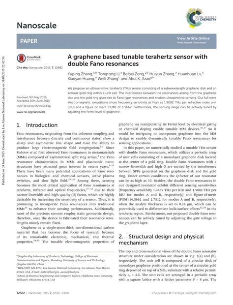 Pdf Graphene Based Tunable Terahertz Sensor With Double Fano Resonances