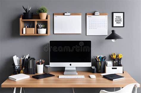 A Desk With A Computer Monitor Keyboard Mouse And A Calendar Stock Illustration