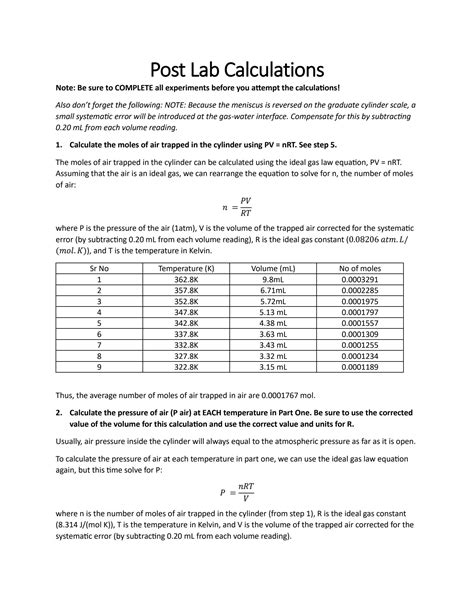 SOLUTION Ideal Gas Law Experiment Post Lab Calculations Studypool