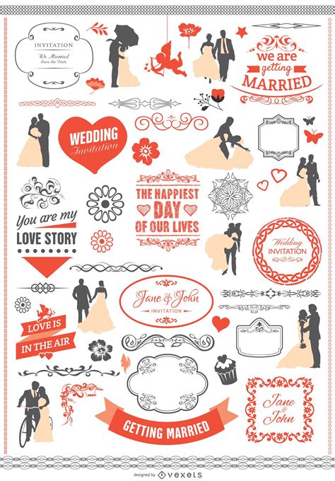 Descarga Vector De Conjunto De Elementos Gráficos De Boda Con Cintas