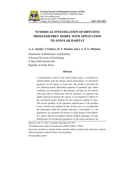 Pdf Numerical Investigation Of Diffusive Predator Prey Model With