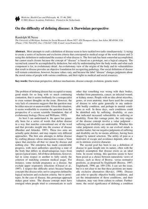 Pdf On The Difficulty Of Defining Disease A Darwinian Perspective
