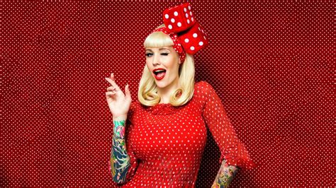 Beautiful Blonde Girl Tattoos Red Wallpaper 1920x1080 18506